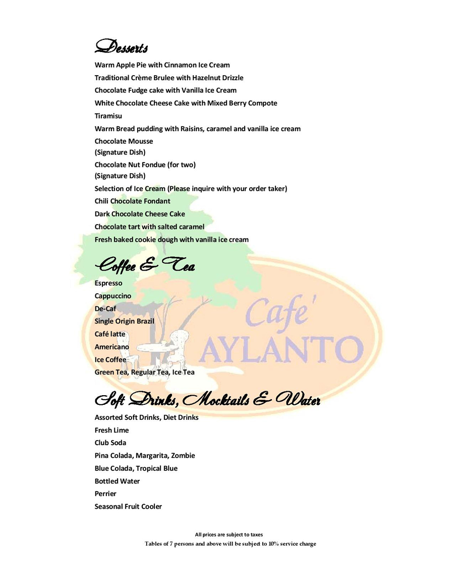 Cafe Aylanto Restaurant Karachi Menu